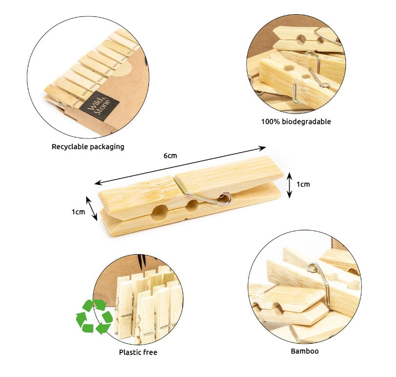 Bamboo Clothes Pegs - 20 Pack - Biodegradable and Vegan